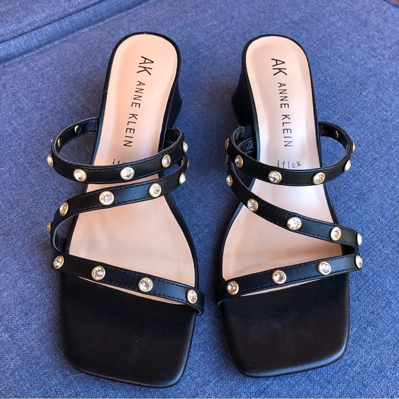 Anne Klein | Shoes | Anne Klein Flex Black Strappy Jewel Studded Wedge ...